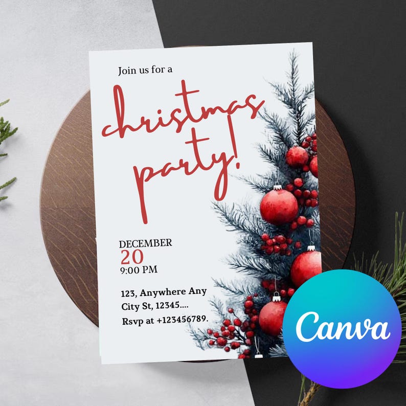 Red Bow Christmas Party Invitation, Editable Template (digital Download ...