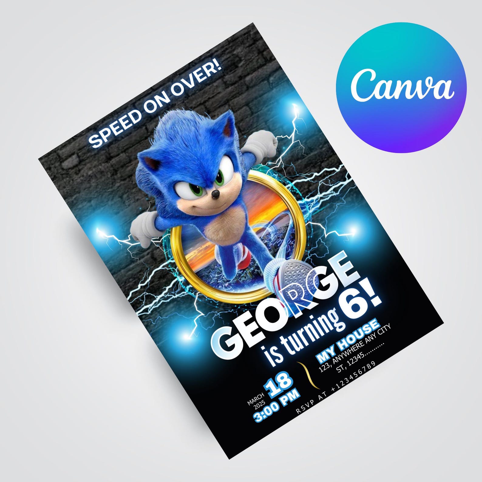 Editable Sonic Birthday Invitation, Super Hedgehog Boys Party Invite ...