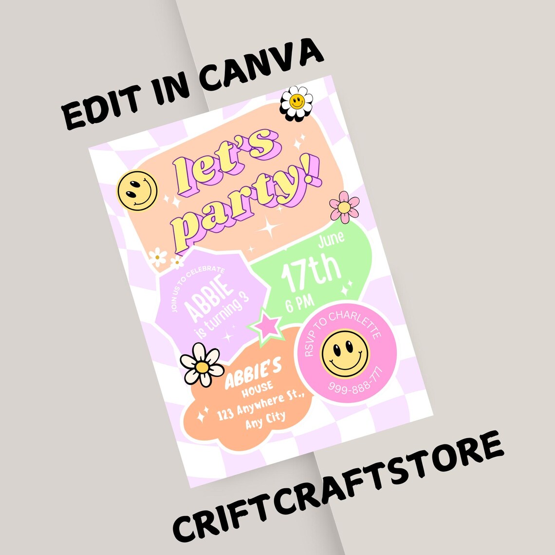 Preppy Patch Birthday Invitation: Retro Varsity Smiley Face (digital ...