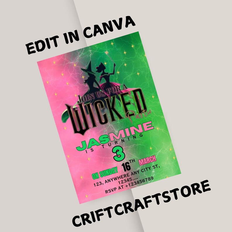 Wicked Birthday Party Invitation: Elphaba & Glinda Movie Ticket (canva ...