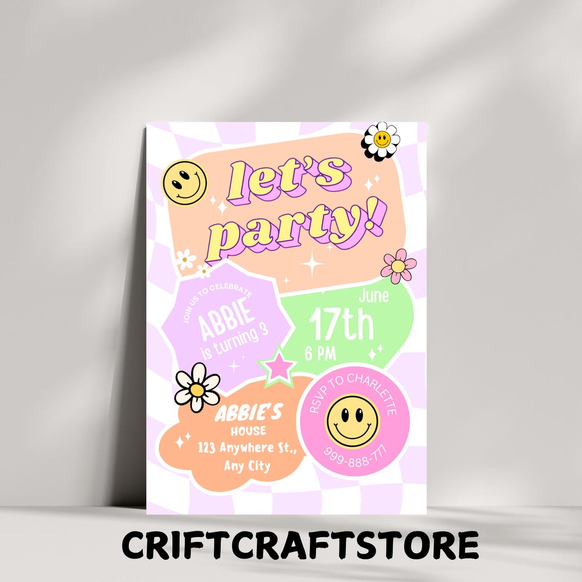 Preppy Patch Birthday Invitation: Retro Varsity Smiley Face (digital ...