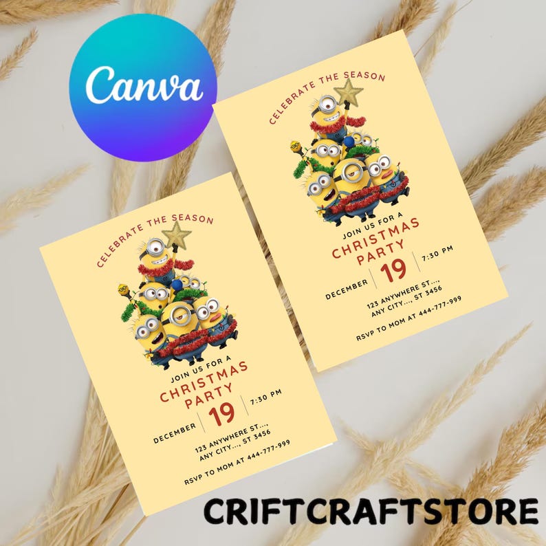 Editable Minion Christmas Party Invitation | Printable Canva Template ...