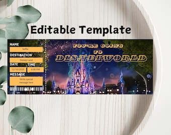 Disneyworld Ticket, Surprise Reveal Gift, Editable Ticket, Theme Park ...