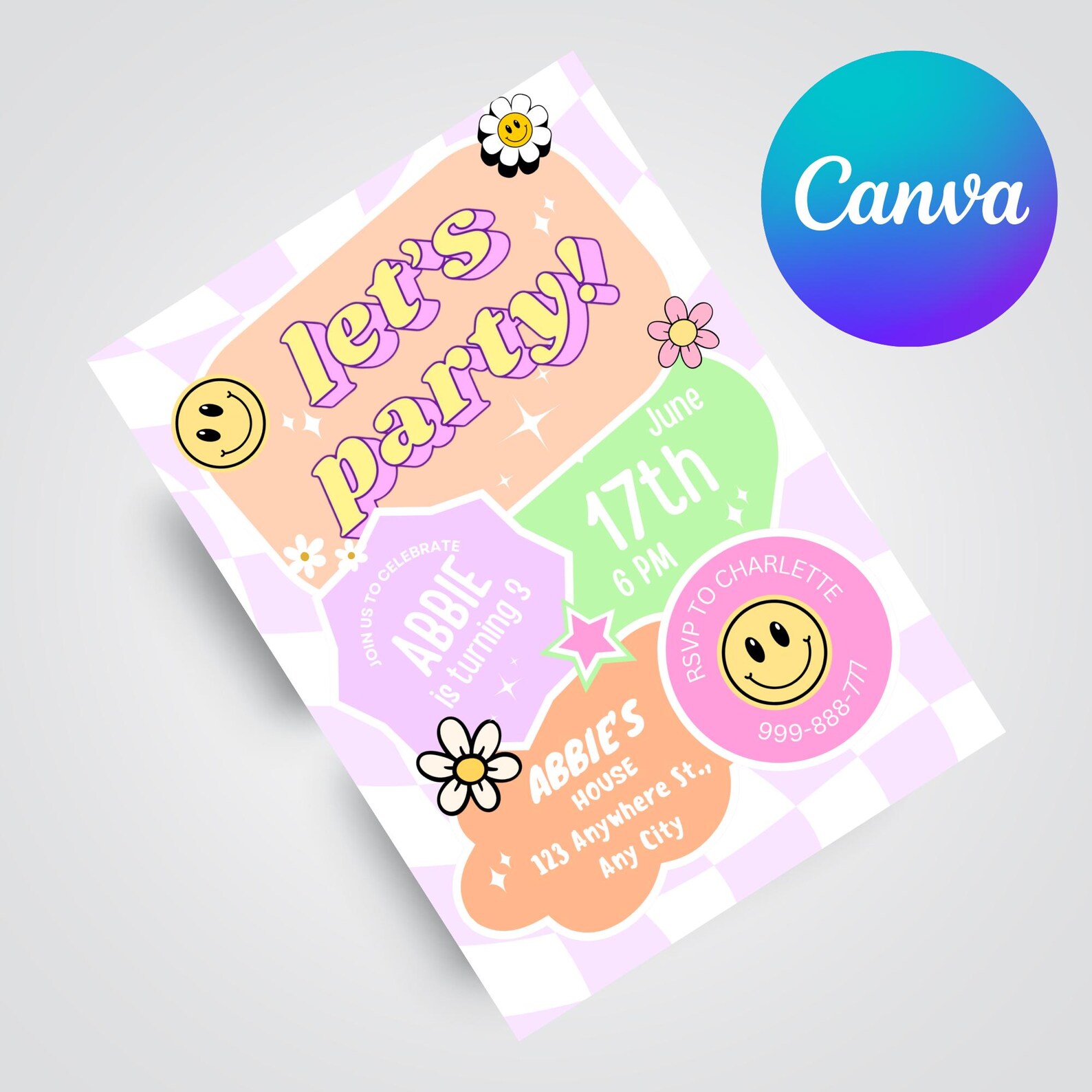 Preppy Patch Birthday Invitation: Retro Varsity Smiley Face (digital ...