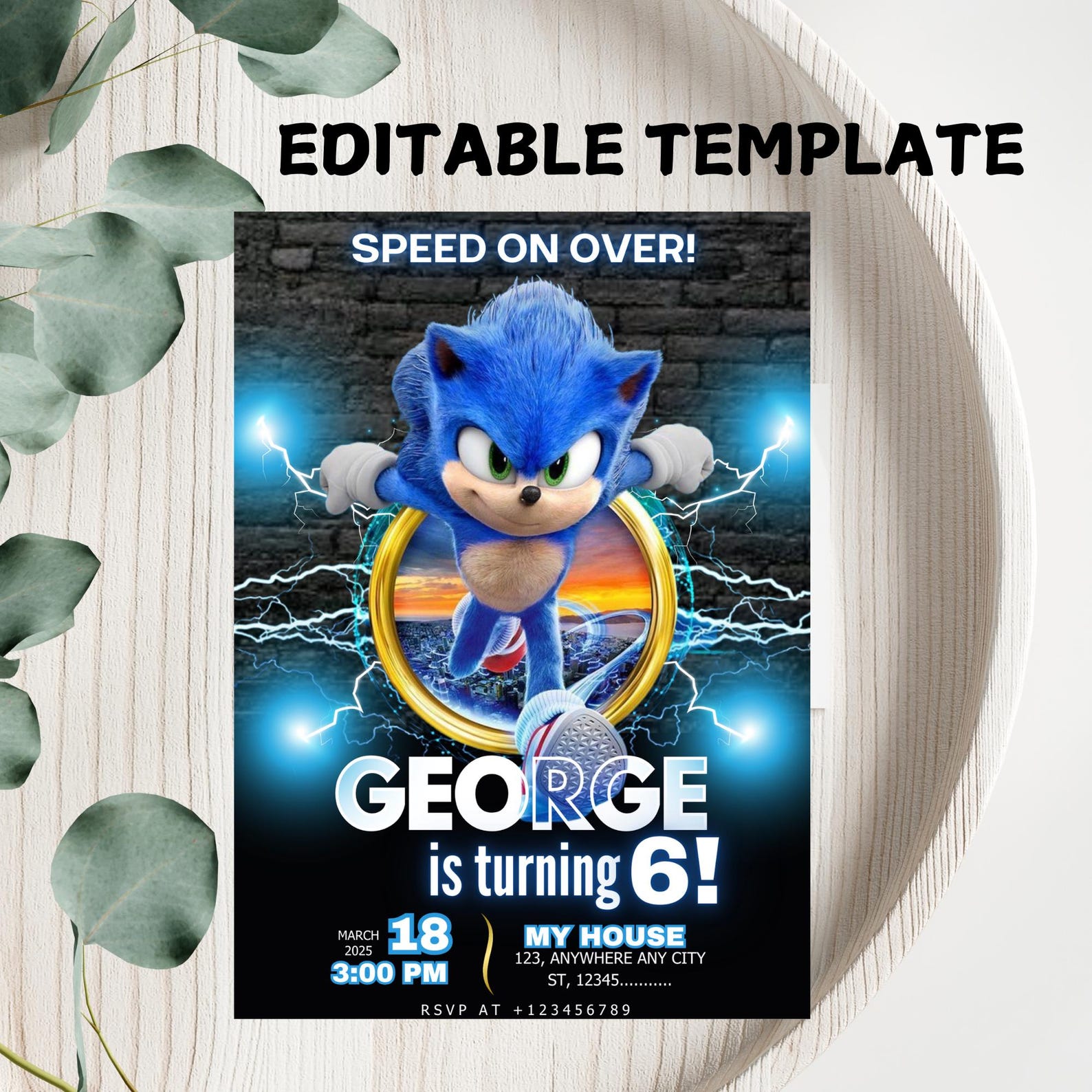 Editable Sonic Birthday Invitation, Super Hedgehog Boys Party Invite ...