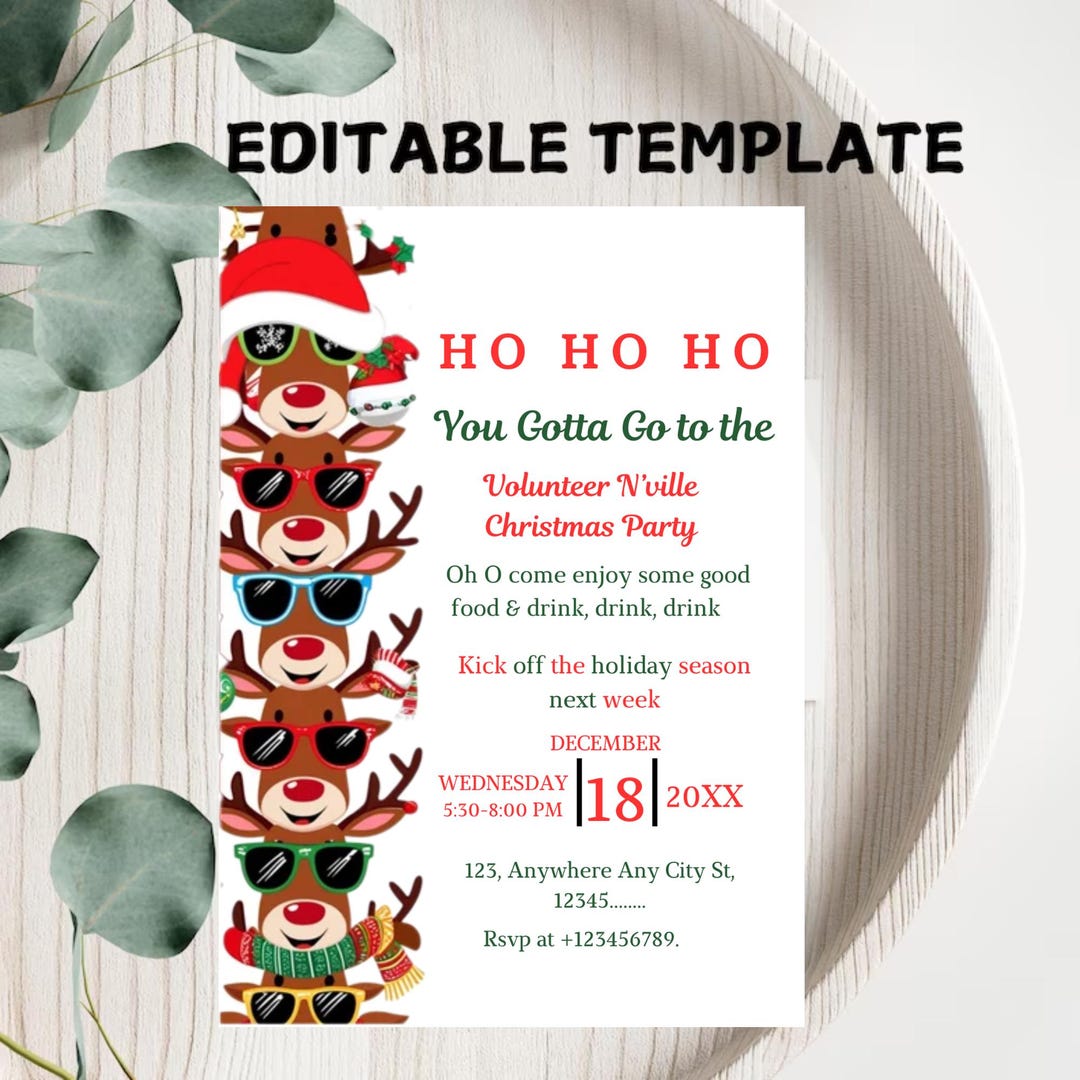 Editable Reindeer Christmas Party Invitation: Holiday Celebration ...