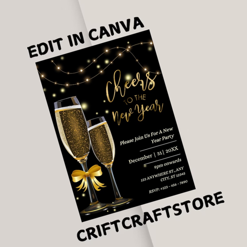 Editable New Year's Eve Party Invitation, Cheers Design (digital ...