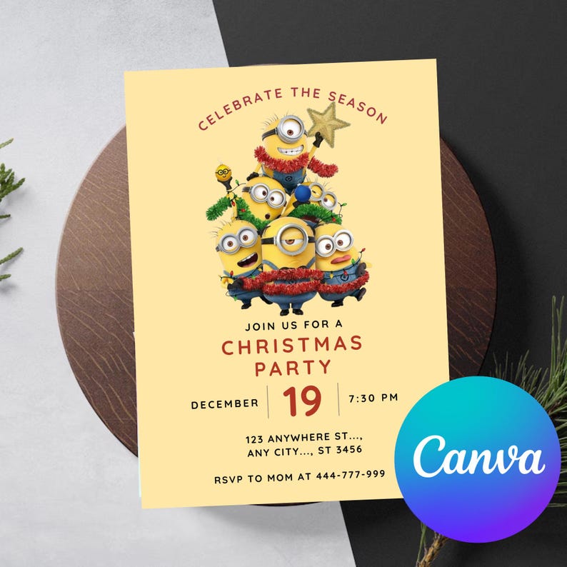 Editable Minion Christmas Party Invitation | Printable Canva Template ...