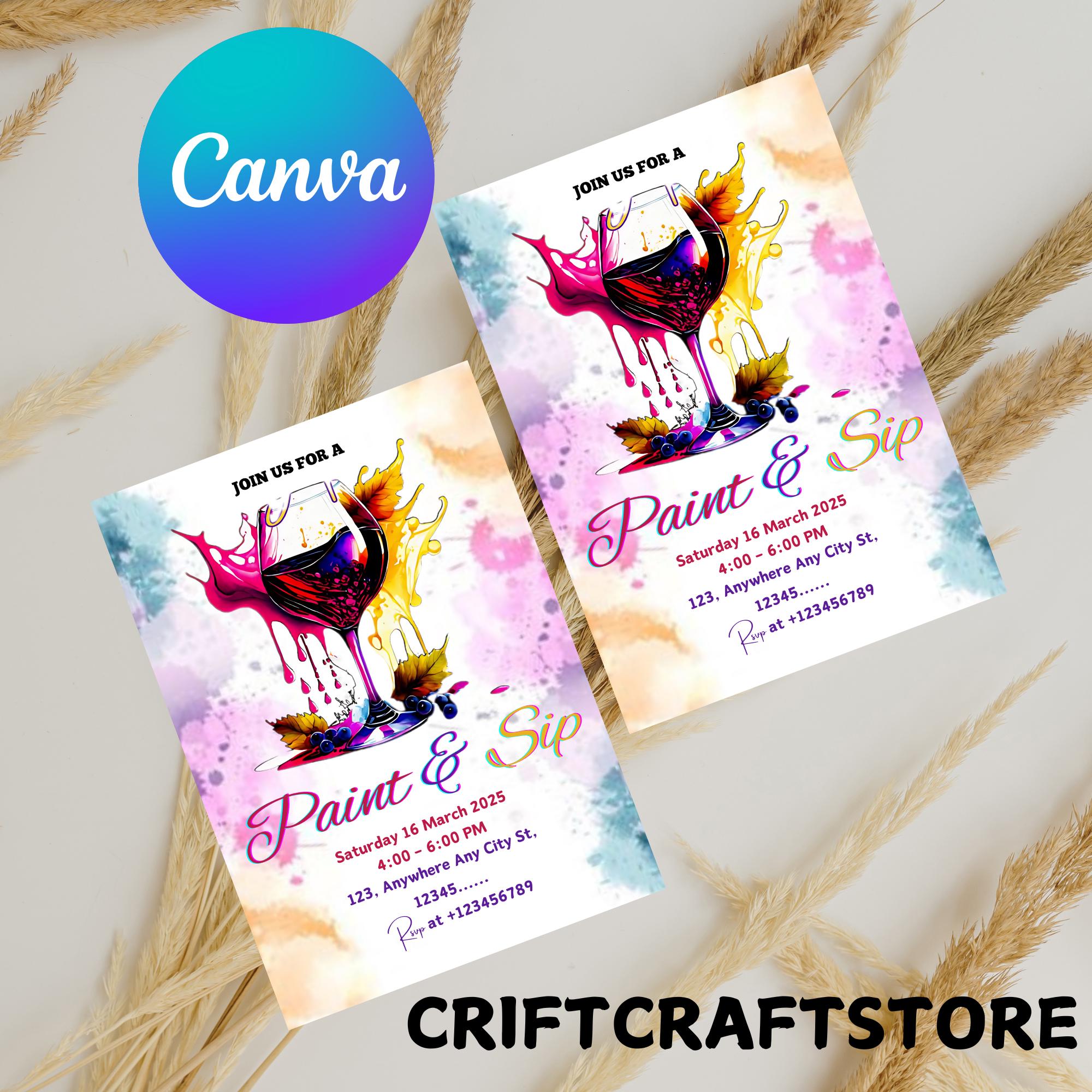 Sip and Paint Party Invitation: Editable Wine Birthday Invite (digital ...