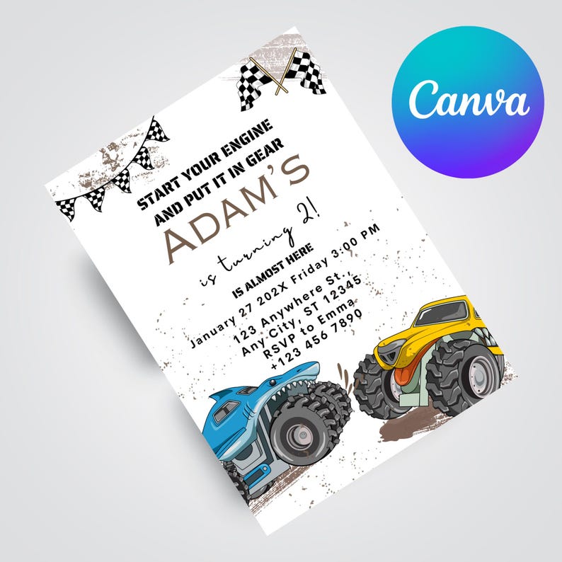Editable Monster Truck Birthday Invitation Template, Can't Catch Me I'm ...