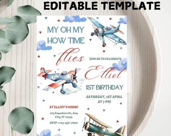 Editable Plane Birthday Invitation | Airplane Time Flies Invite | Canva ...