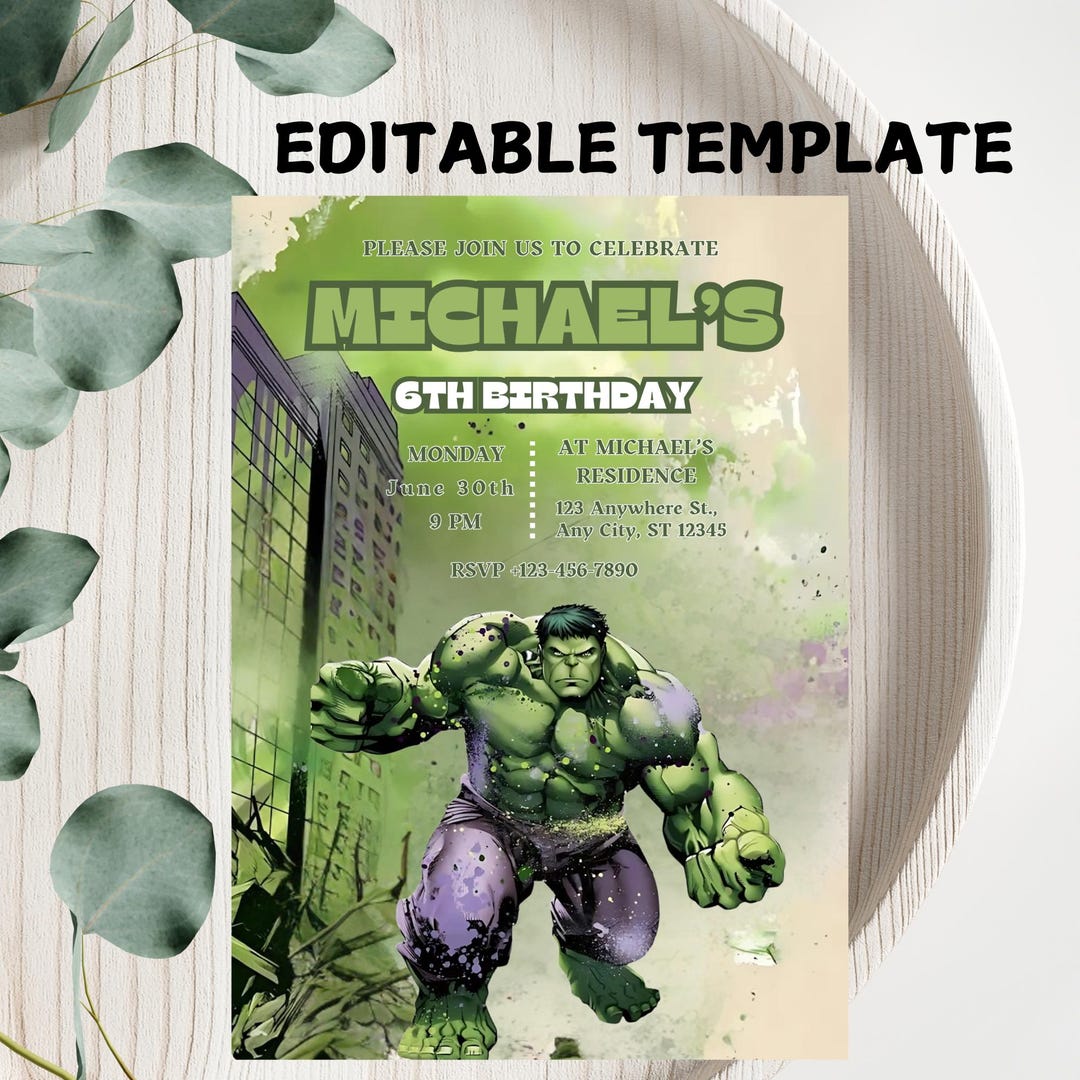 Hulk Editable Invitation, Super Heroes Birthday Invitation, the Hulk ...