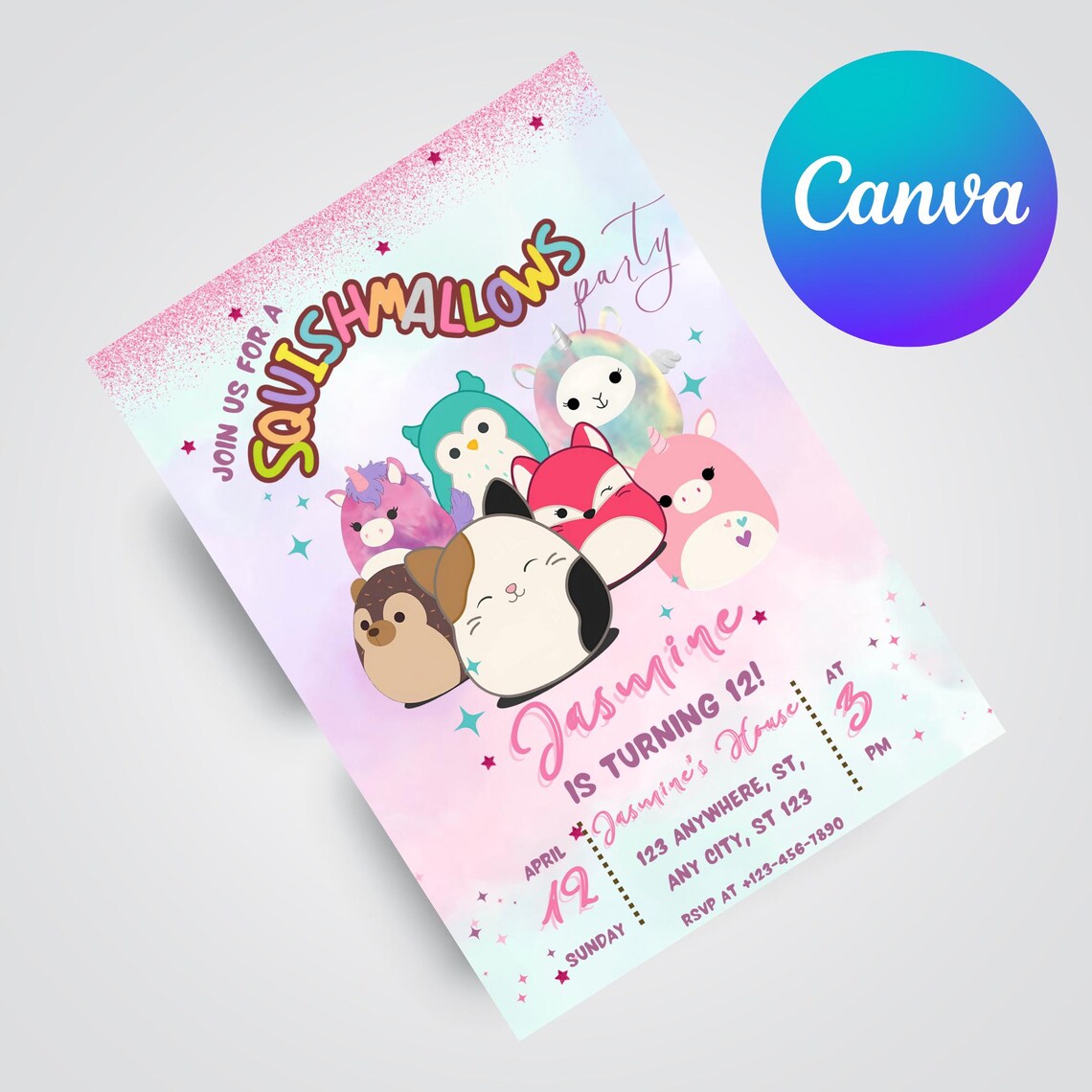 Editable Squishmallow Birthday Invitation: Printable Canva Template ...