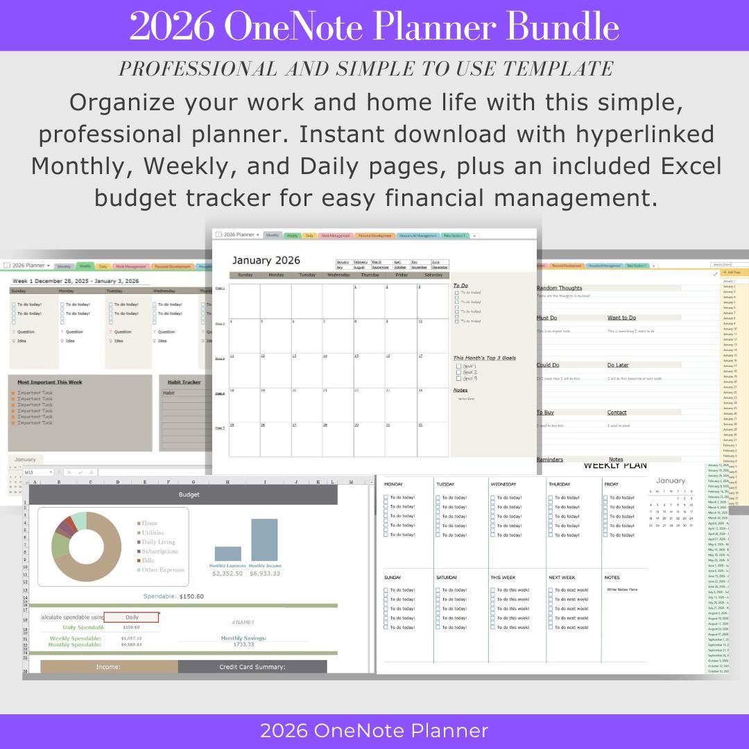 Onenote Planner 2026 & Excel Budget Tracker | Digital Planner for Home ...