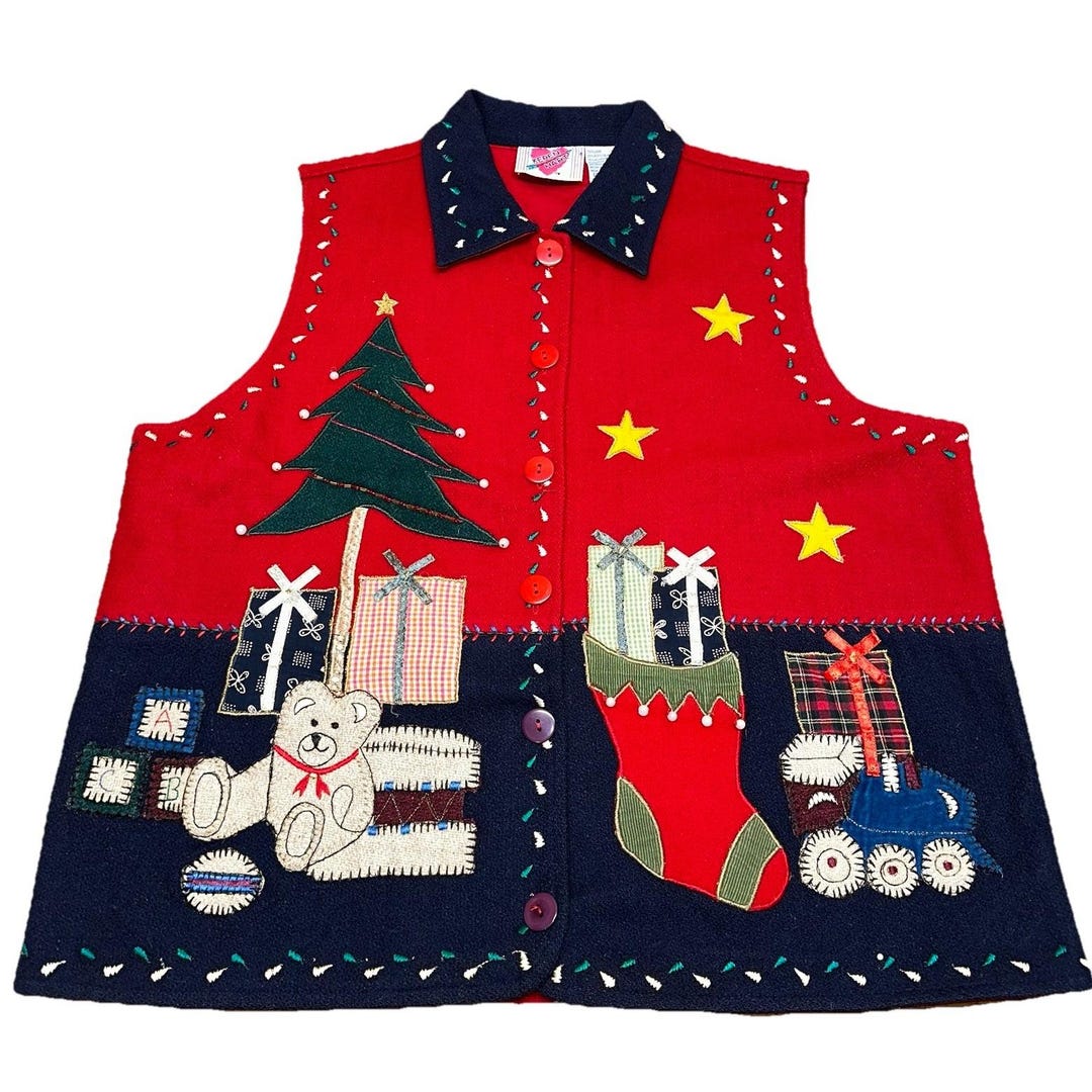 Vintage Keren Hart Wool Christmas Button Vest Patchwork Embroidered ...