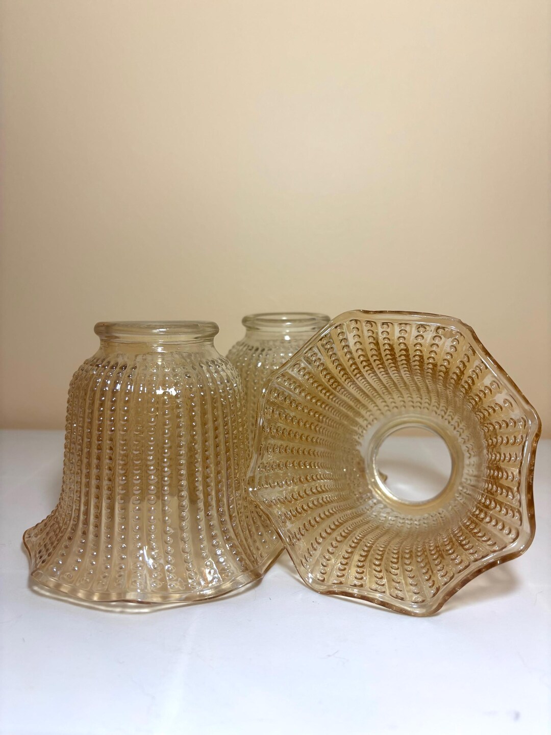 Vintage Hobnail Marigold Peach Iridescent Carnival Glass Lamp Shade Set ...