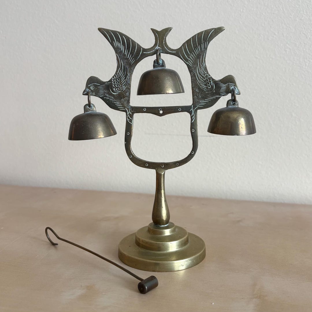 Vintage Brass Bird Bell Stand, 3 Hanging Bells With Hammer, MCM Home ...