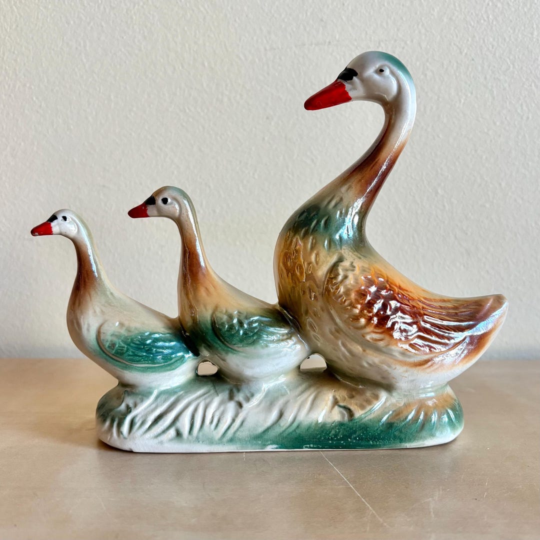 Vintage Geese Family Figurine, Brazil Lusterware Ceramic Goose With ...