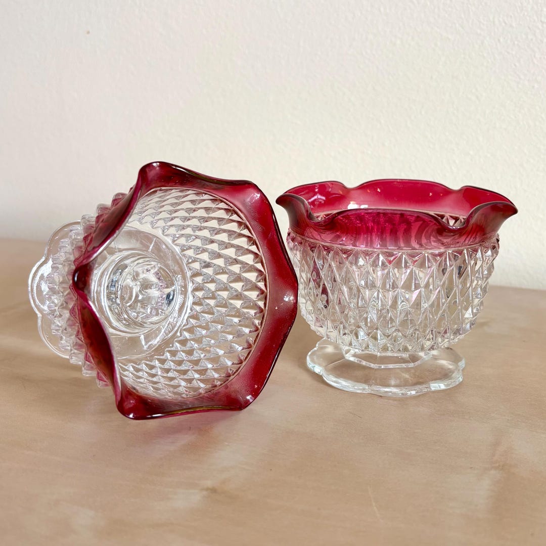 Indiana Glass Ruby Red Diamond Point Glass Candlestick Holder, Vintage ...