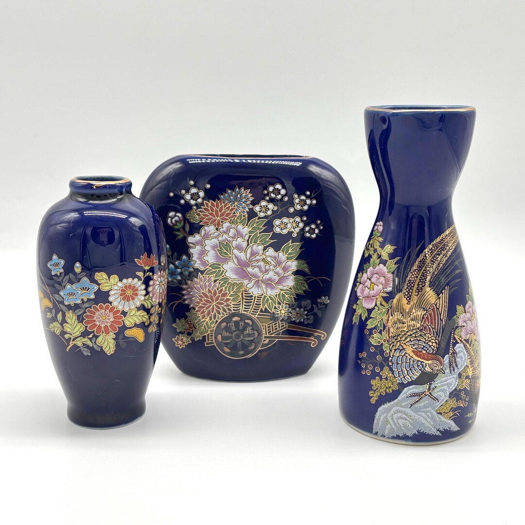 3 Cobalt Blue Japanese Porcelain Vases, Hand Painted Floral Bird Small ...