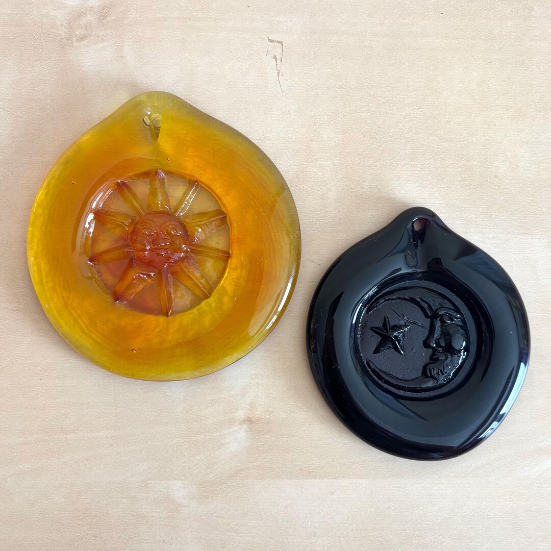 90s Celestial Sun & Moon Hand Blown Glass Sun Catchers, Wall Hangings ...