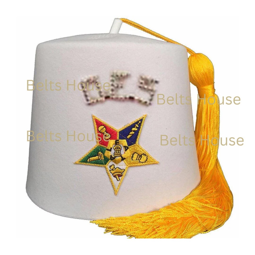 White Eastern Star Fez Hat With Rhinestone "oes" and Yellow Tassel OFF ...