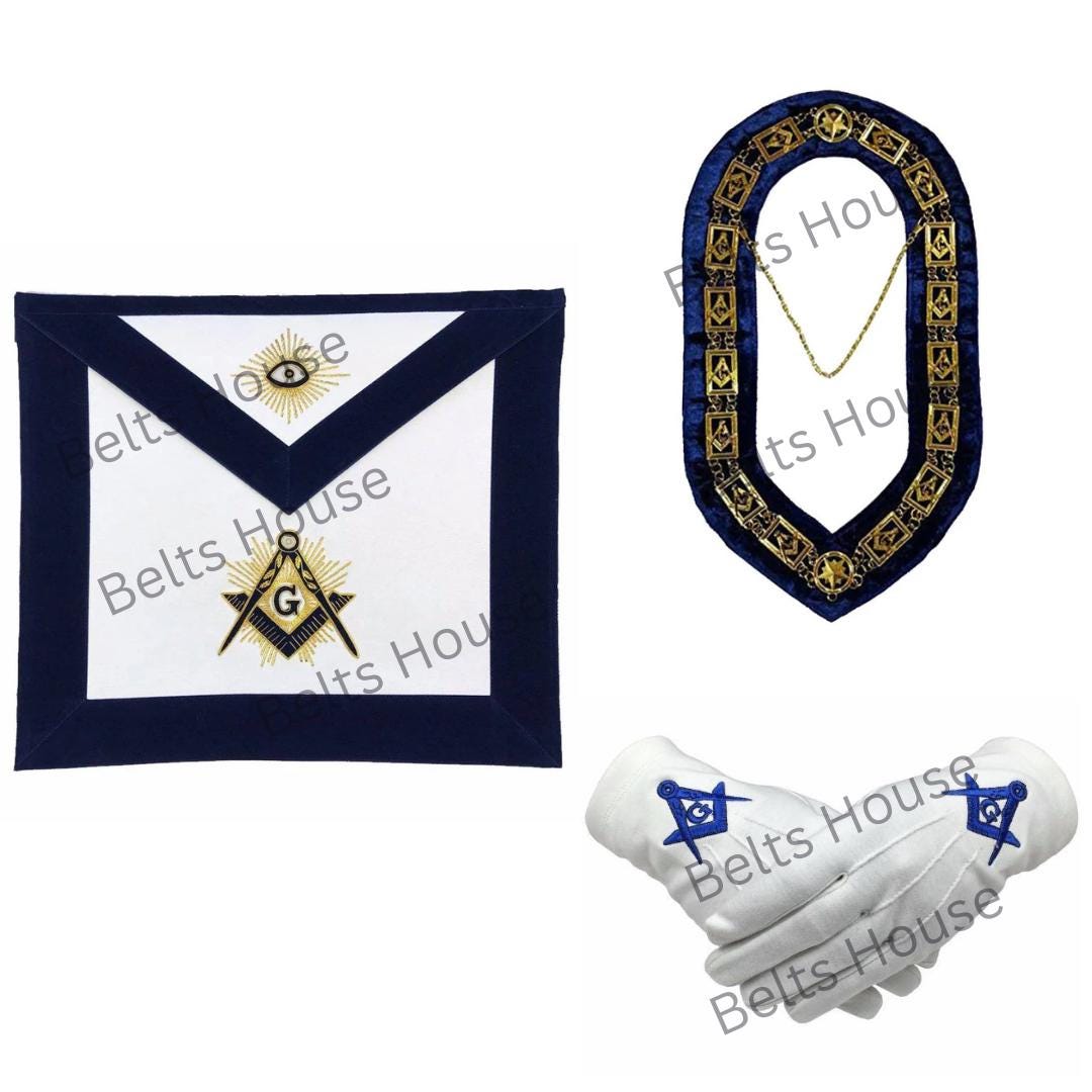 Masonic Blue Lodge Set of Apron, Chain Collar and Square Compass Gloves ...