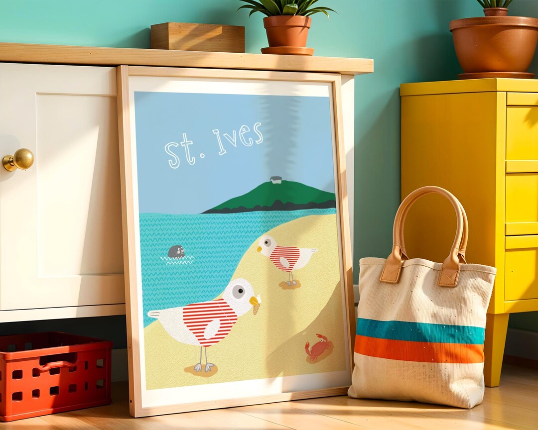 St.ives Porthmeor Beach, Cornwall Art, Seaside Print. Cute Illustrated ...