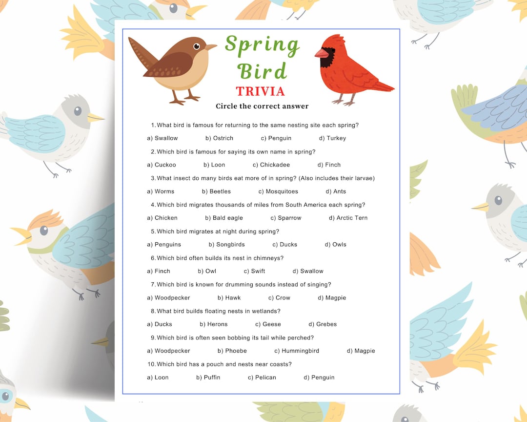 Spring Bird Trivia Family Game Printable, Spring Garden Birthday Party ...