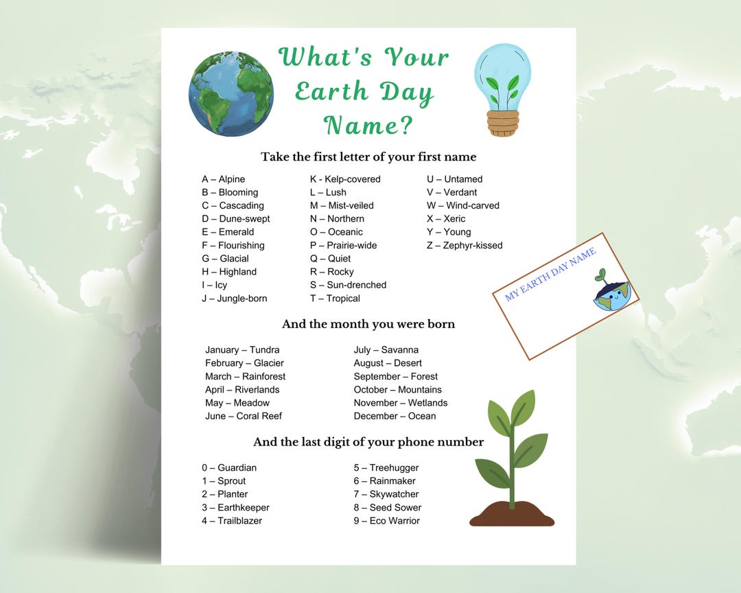 What's Your Earth Day Name? Game With Nametags + Sign, Earth Day ...