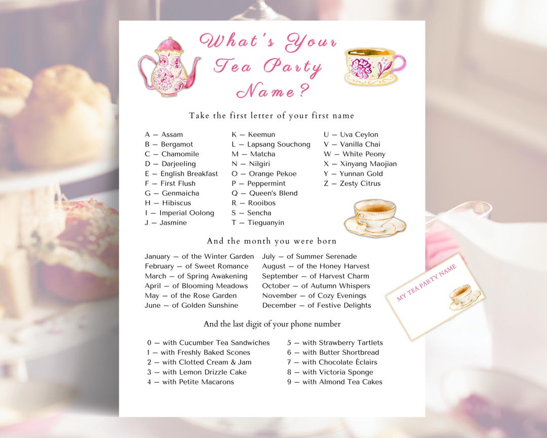 What's Your Tea Party Name? Game Printable, Elegant Tea Party Name Game ...