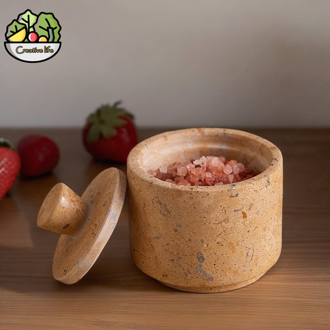 Natural Marble Salt Cellar With Lid,handmade Salt Box,kitchen Container ...
