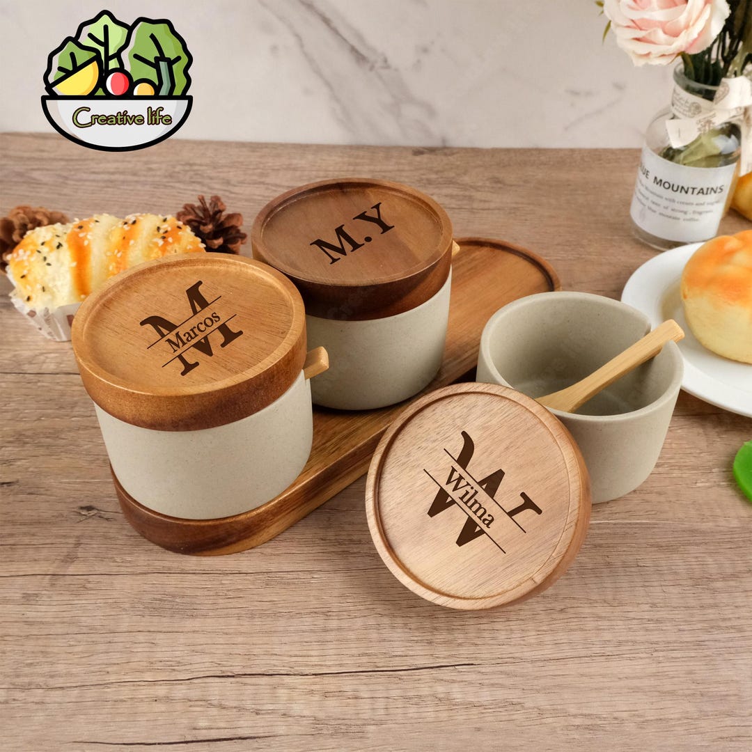 Personalized Ceramic Salt Cellar With Lid,engraved Initial Salt Boxs ...