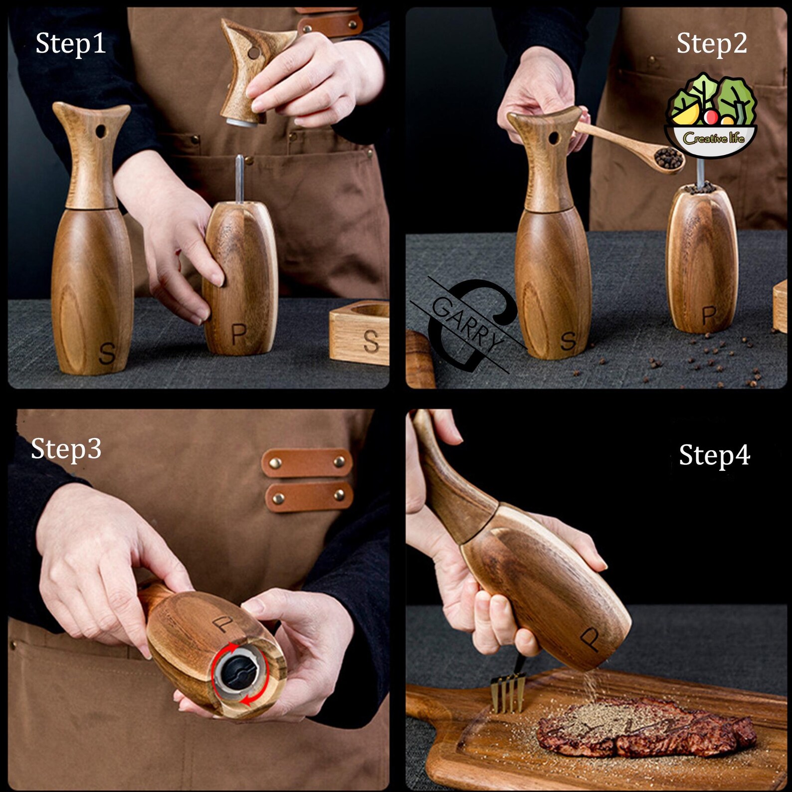 Personalized Wooden Fish Tail Salt and Pepper Grinder Set With Stand ...
