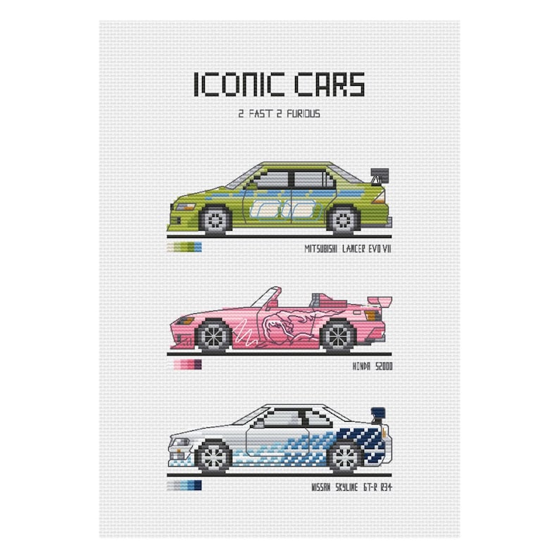 2 Fast 2 Furious Iconic Cars - Fast and Furious - Cross Stitch Pattern ...