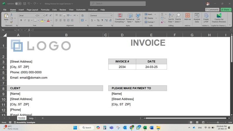 Professional Invoice Template | Customizable Excel Billing Sheet - Etsy