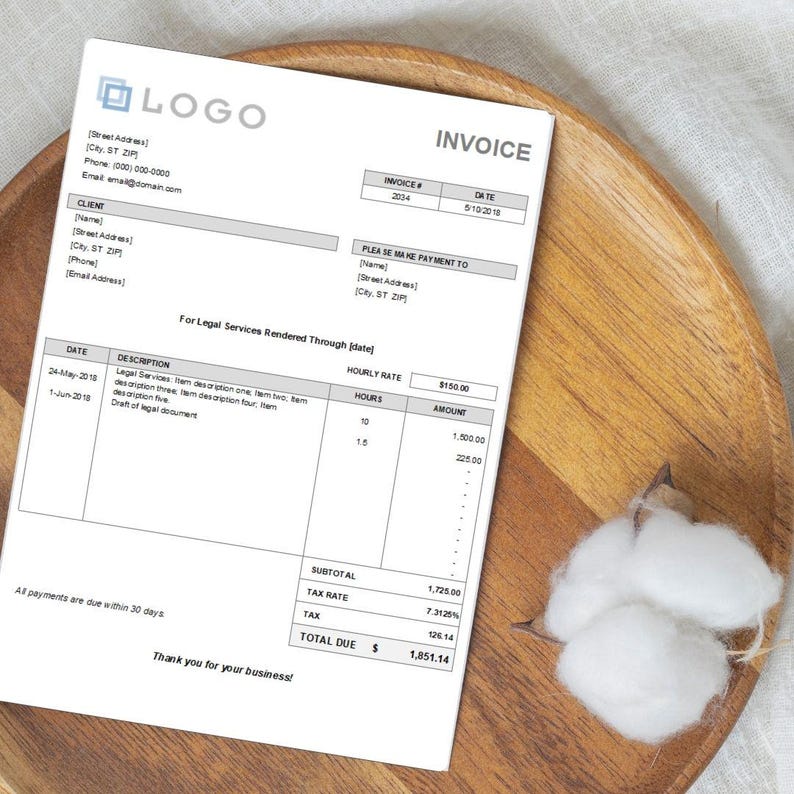 Professional Invoice Template | Customizable Excel Billing Sheet - Etsy