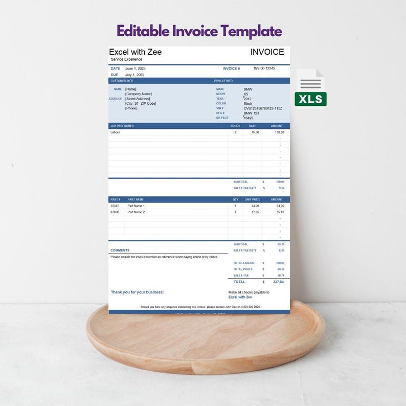 Vehicle Repair Invoice Template | Editable Excel Sheet for Auto Shops ...
