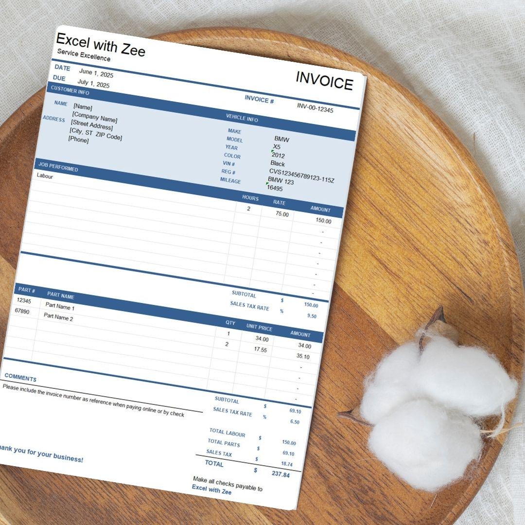 Vehicle Repair Invoice Template | Editable Excel Sheet for Auto Shops ...