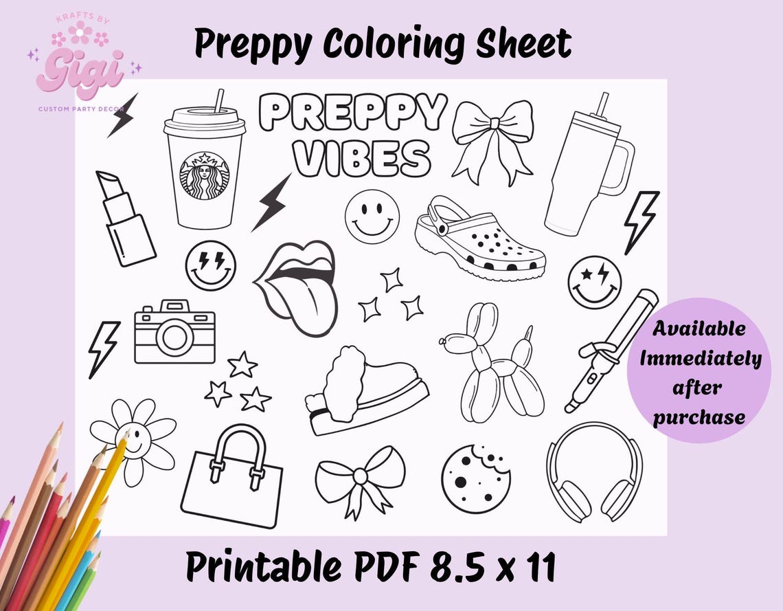 Preppy Coloring Sheet, Preppy Vibes,printable Activity for Tween Party ...
