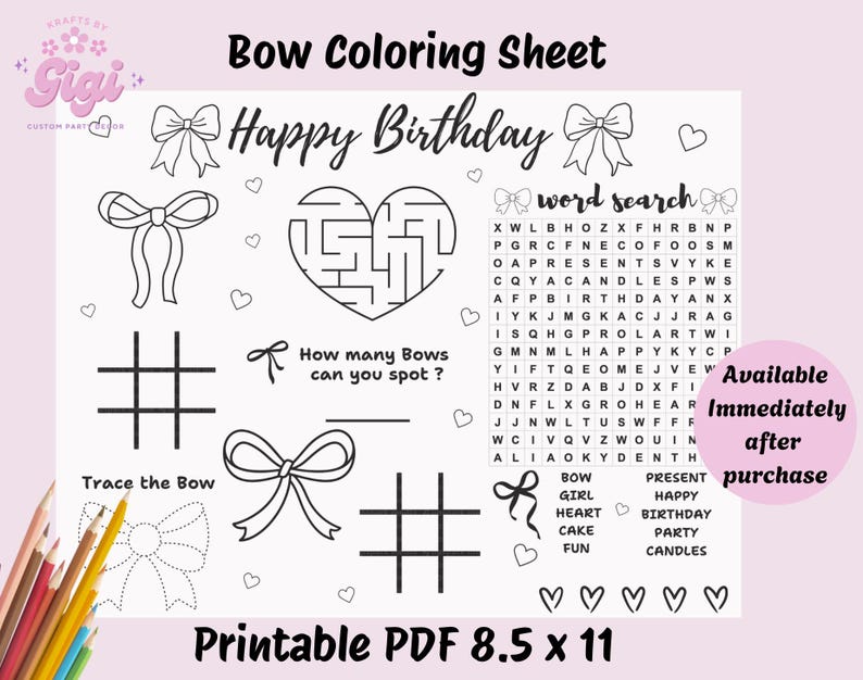 Bow Coloring Page,bow Themed Coloring Page, Birthday Party Kids ...