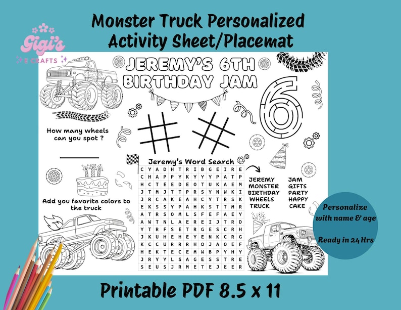 Monster Truck Birthday Party Coloring Sheet, Personalized Monster Truck ...