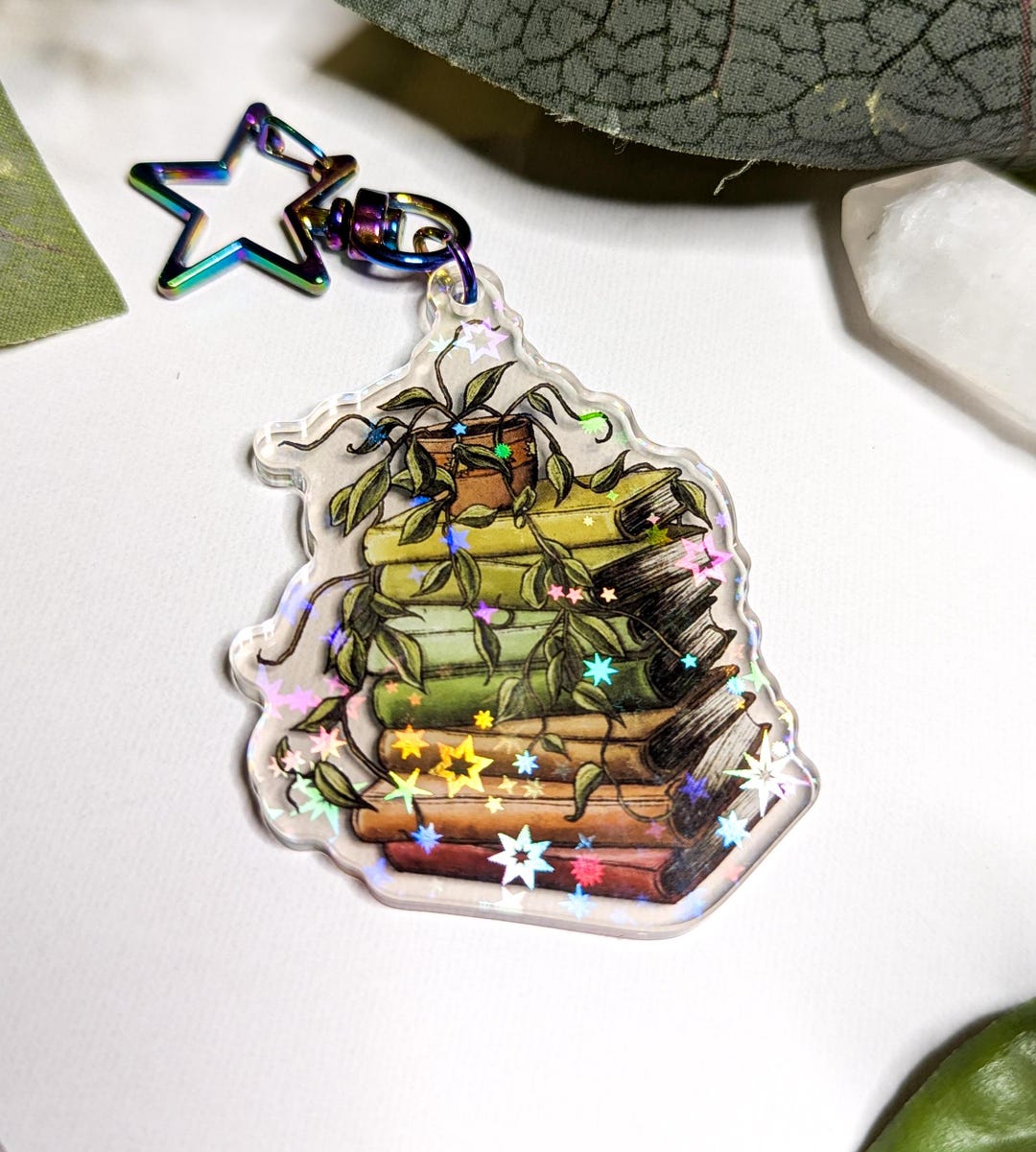 Stack of Books Holographic Acrylic Keychain, Sparkly Bookish Purse ...