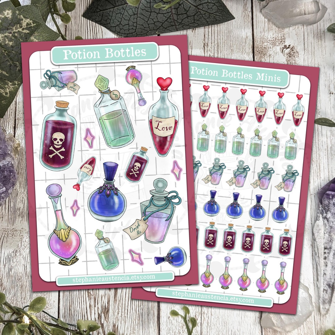 Potion Bottle Sticker Sheet, Magical Potion Bottles, Hand Drawn Kiss ...
