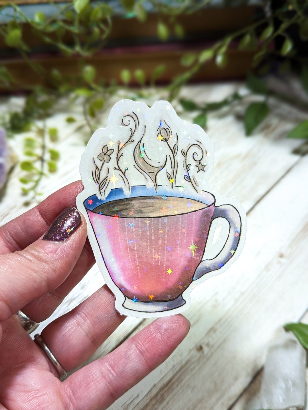 Holographic Magical Coffee Cup Sticker, Mystical Laminated Stickers ...