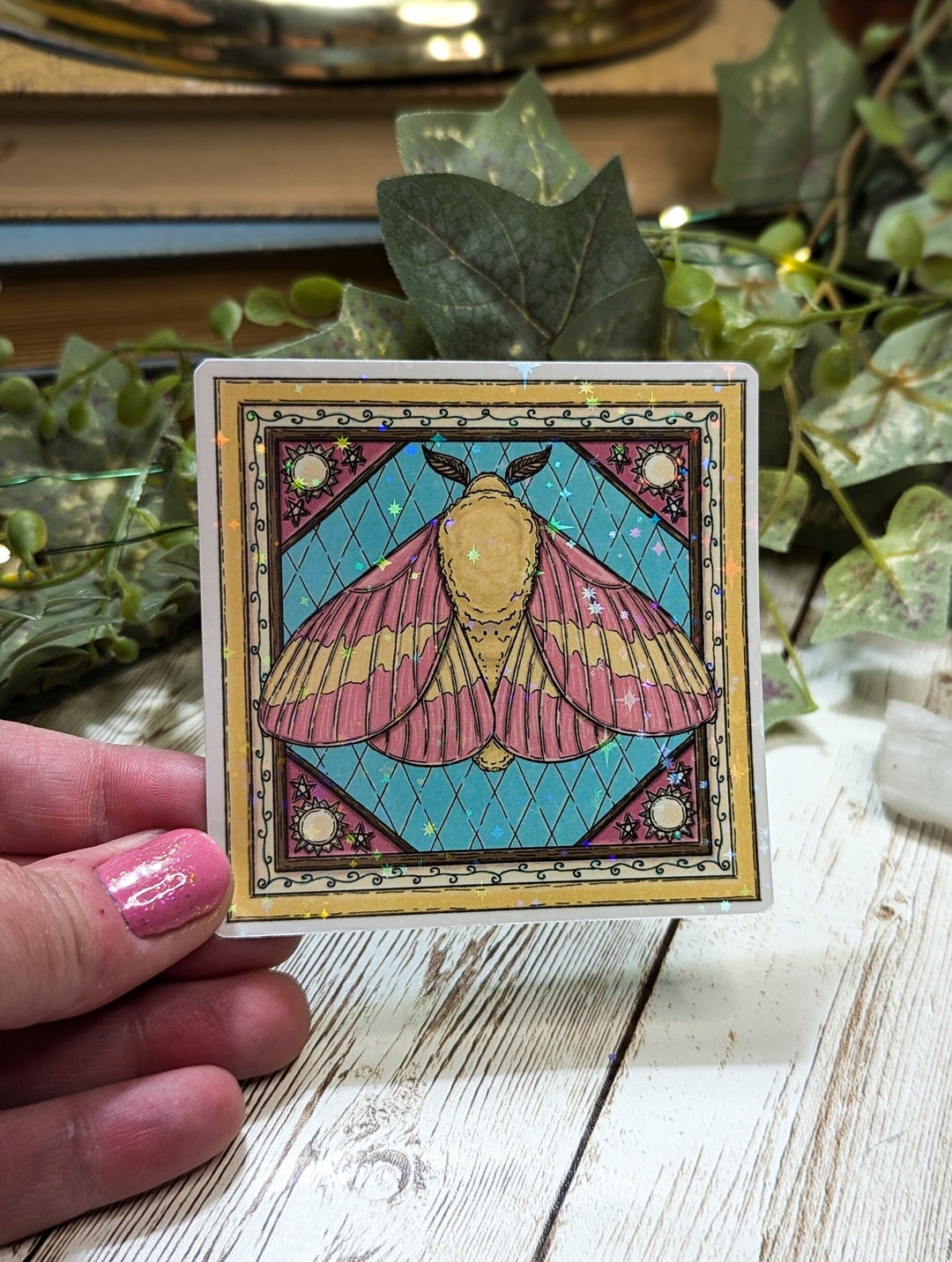 Rosy Maple Moth Holographic Sticker, Hand Drawn Pink Moths Stickers ...