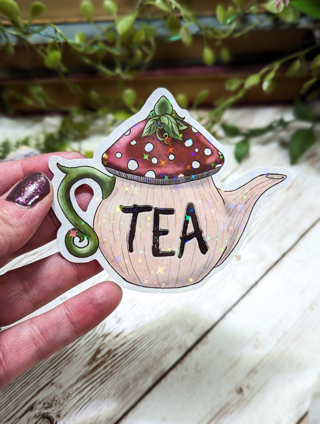 Holographic Toadstool Teapot Sticker, Mushroom Tea Pot Stickers ...