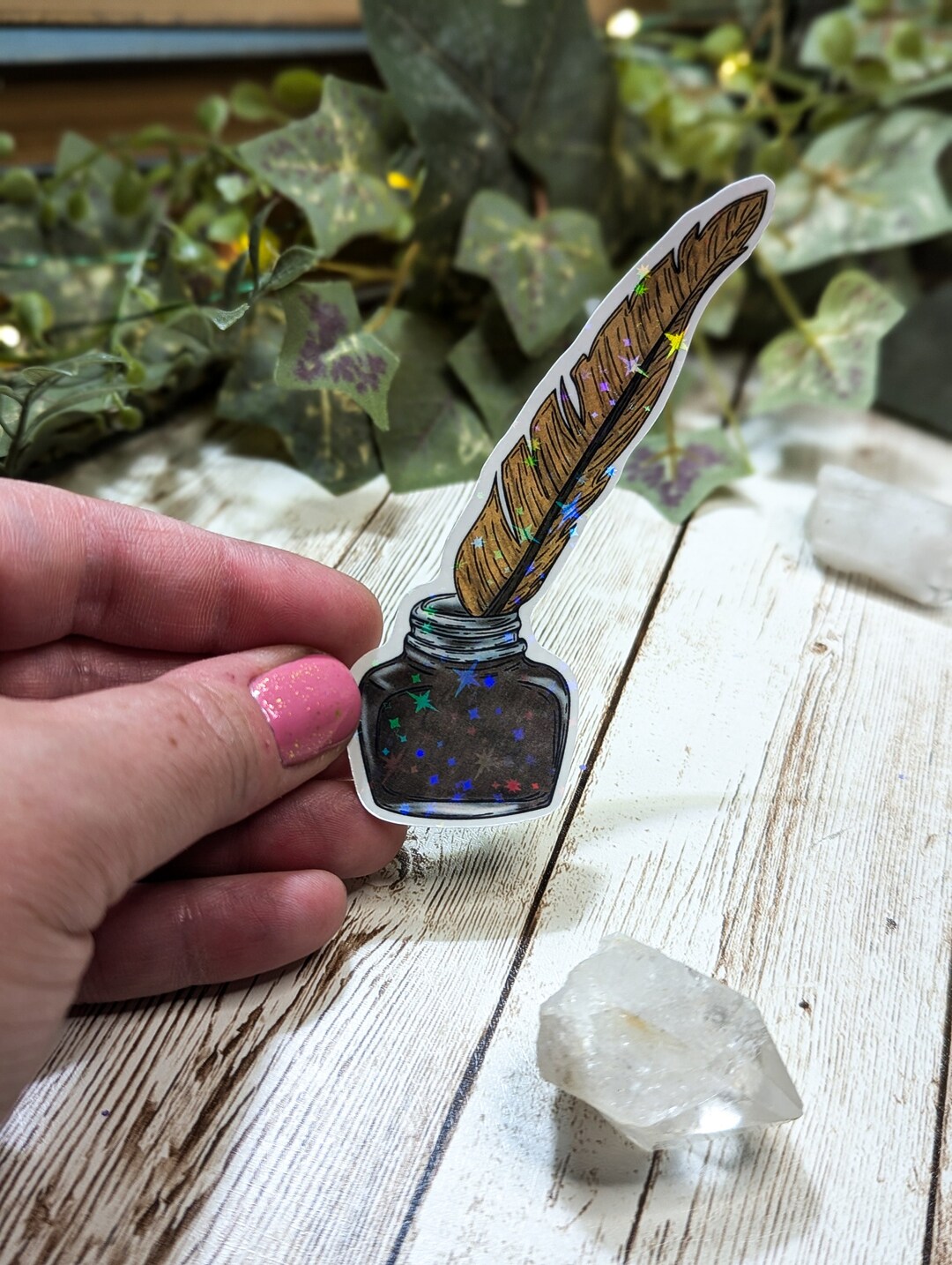 Quill and Inkwell Holographic Sticker, Feather Pen Water Resistant ...