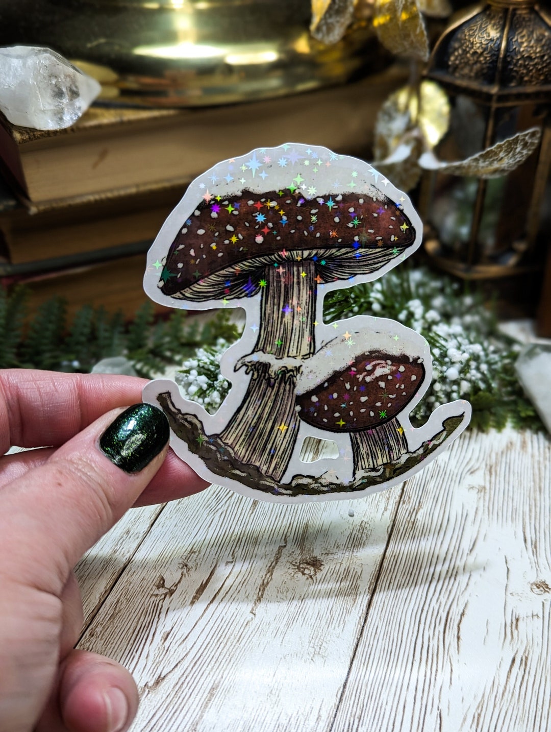 Holographic Winter Toadstool Sticker, Laminated Amanita Stickers for Water Bottles, Sparkly ...