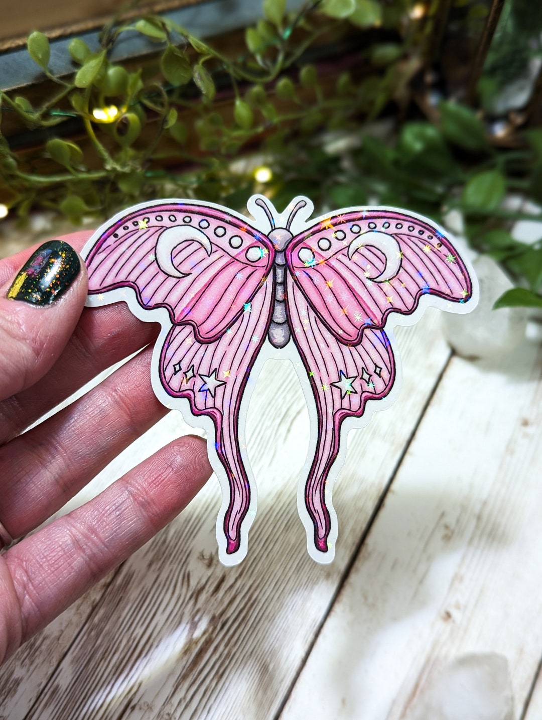 Holographic Pink Luna Moth Sticker, Laminated Stickers for Water Bottle ...